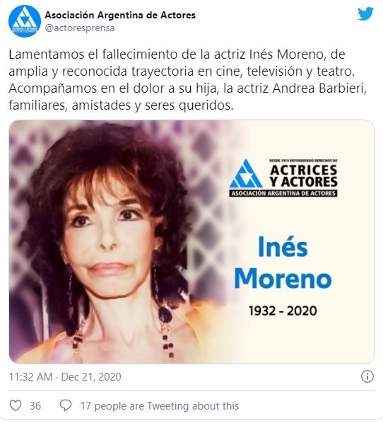 Murió la actriz Inés Moreno