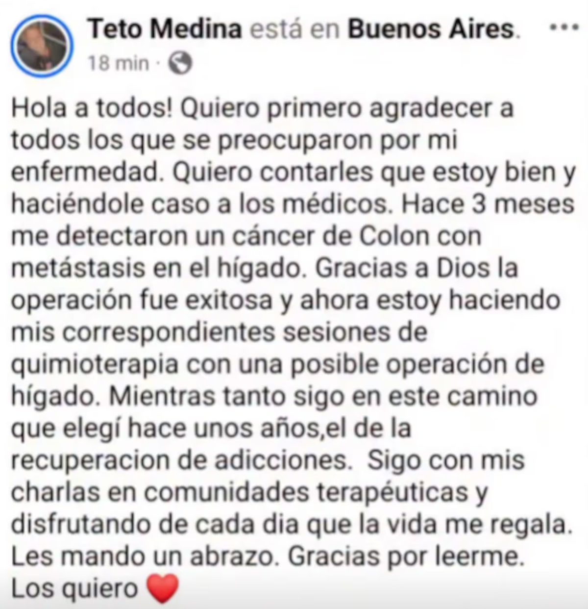 Teto Medina reveló que tiene cáncer de colon y cómo atraviesa el fuerte ...