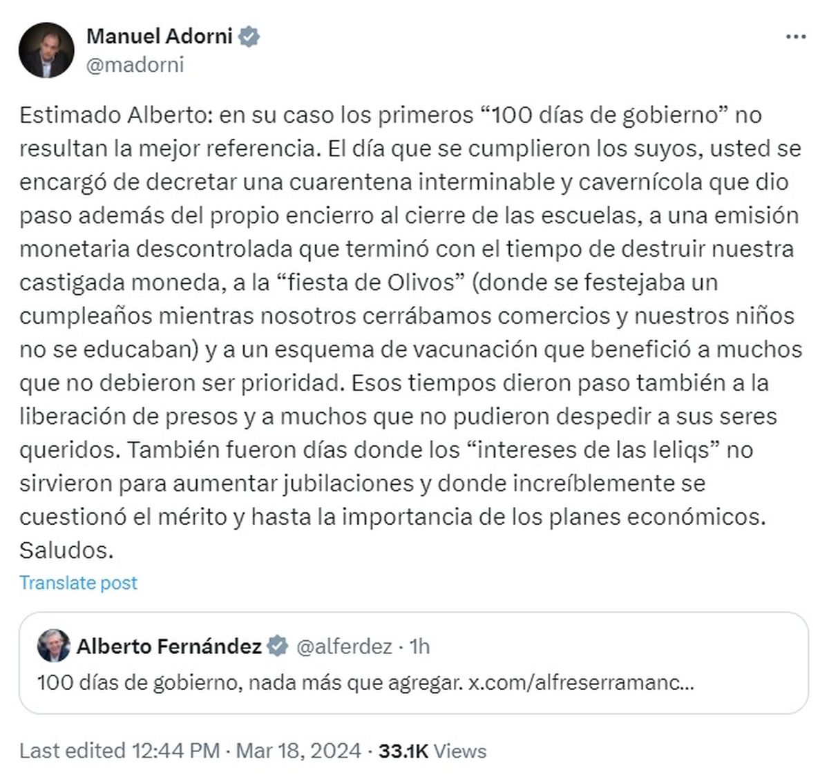 Alberto Fernández Comparó Los Primeros 100 Días De Milei Con Su Gestión