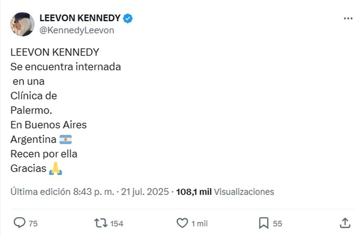 Preocupación por Leevon Kennedy: fue internada de urgencia y piden cadenas de oración