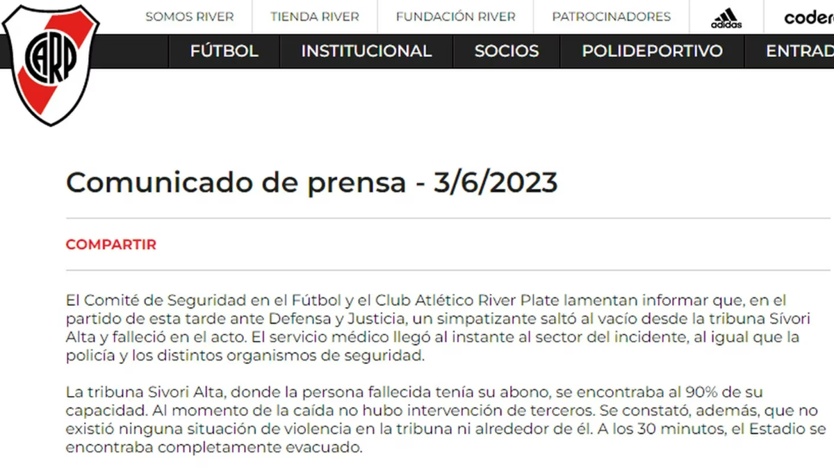Comunicado de River: Un simpatizante saltó al vacío