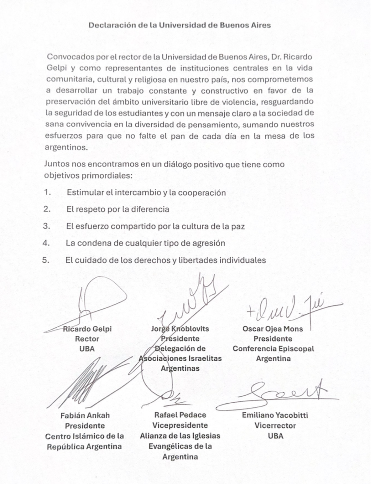 La UBA hizo un llamado al diálogo para la convivencia libre de violencia
