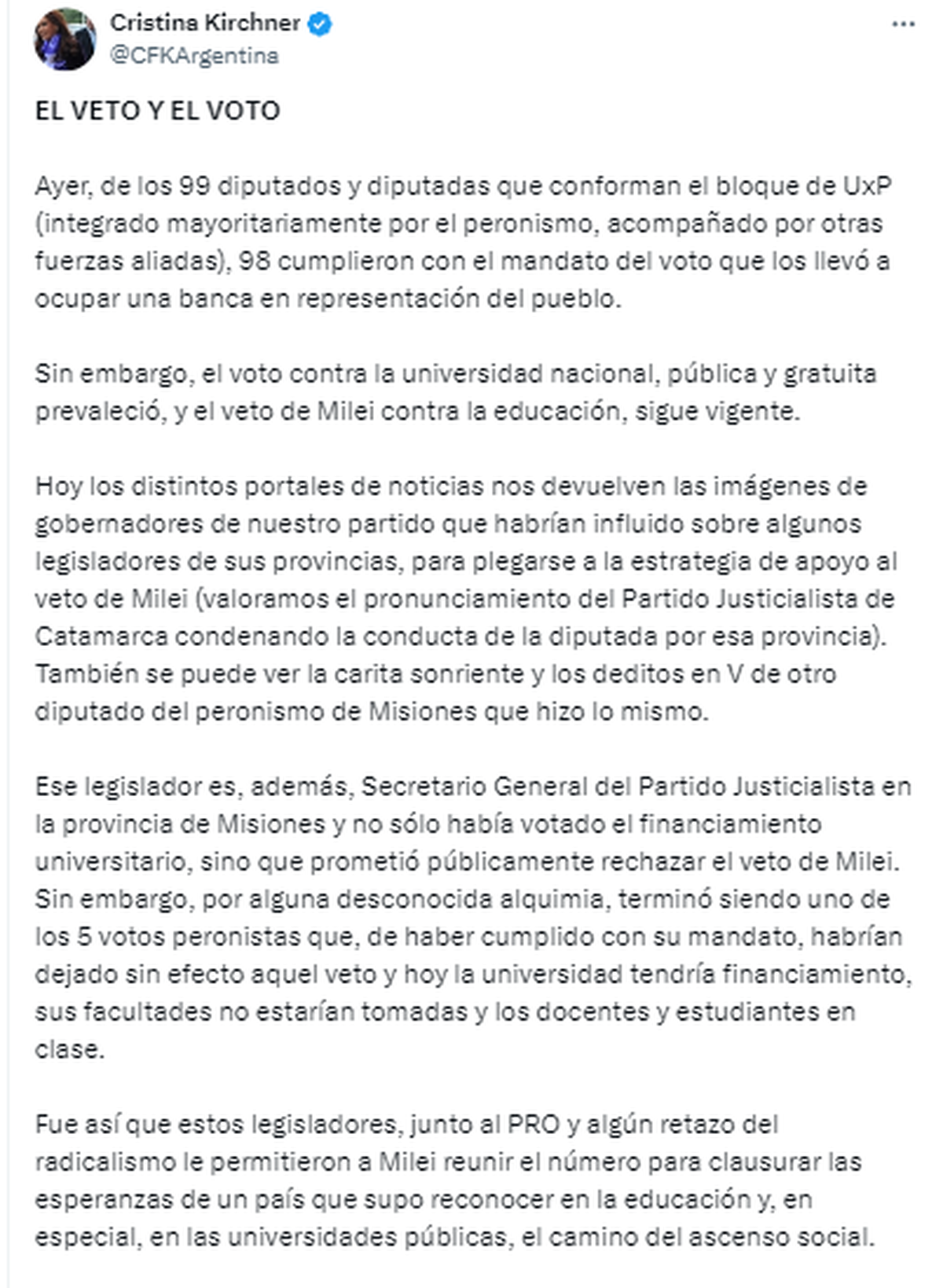 Cristina Kirchner lanzó una dura crítica a los gobernadores peronistas ...