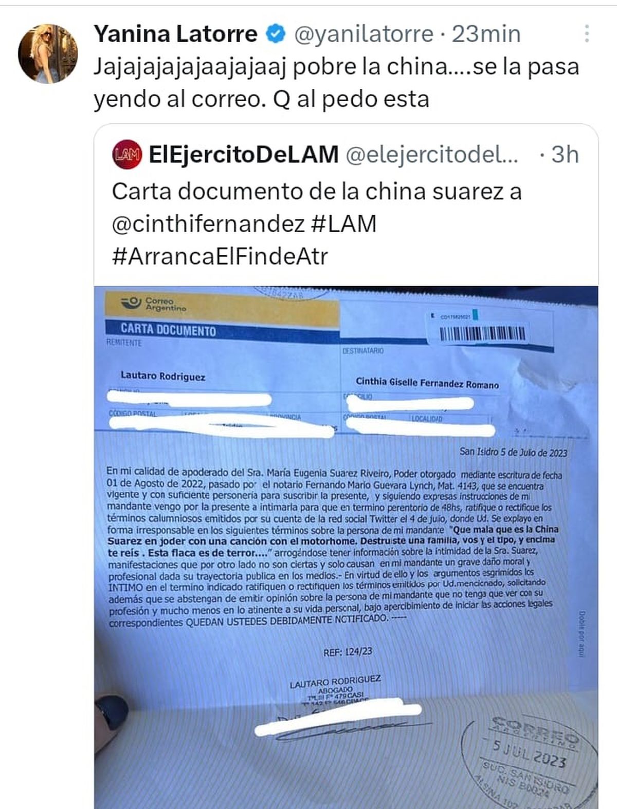 Picante reacción de Yanina Latorre ante la carta documento de la China Suárez a Cinthia ...