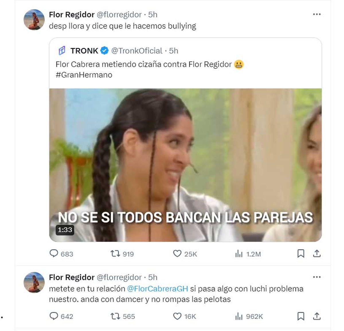 Virginia de Gran Hermano liquidó a Florencia Cabrera en medio de la polémica con Florencia Regidor