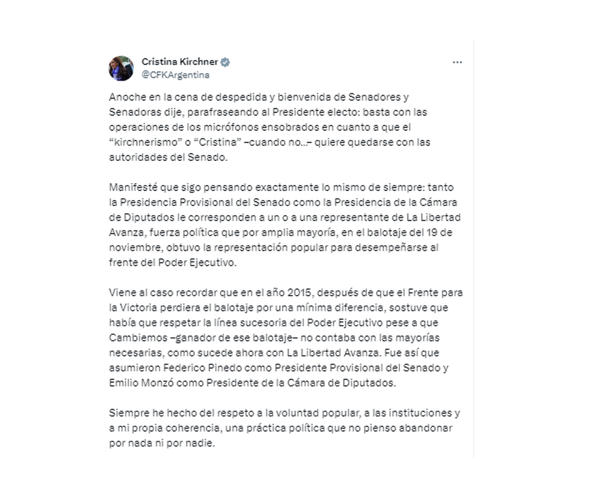 Cristina Kirchner, sobre qué fuerza debe presidir Diputados y el Senado ...