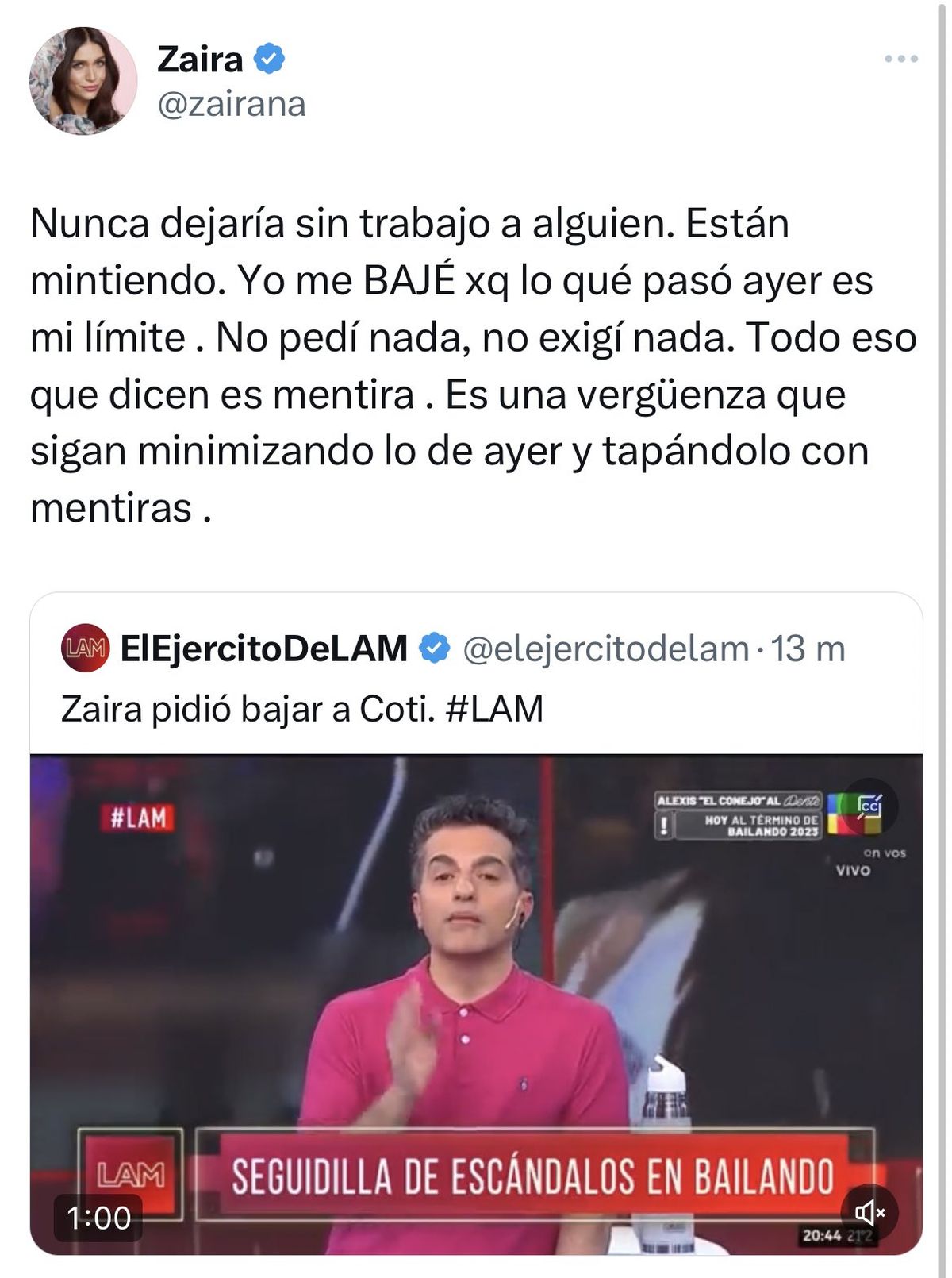 Zaira Nara apuntó contra LAM y Ángel de Brito le respondió sin filtro ...