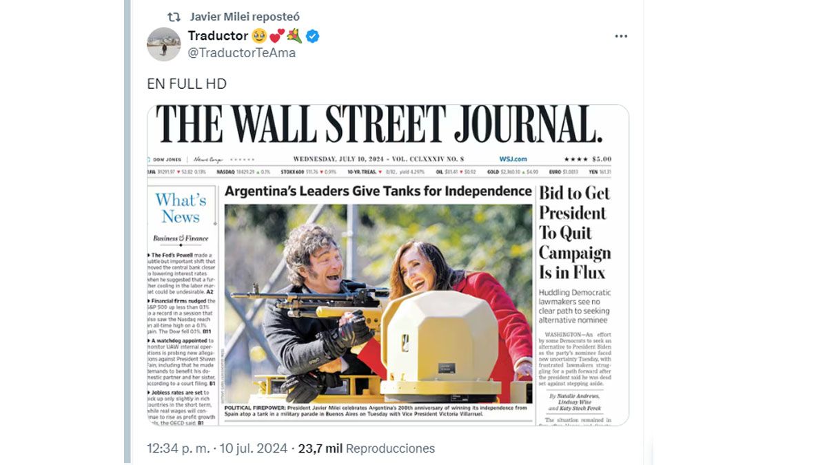 El Wall Street Journal puso en la tapa a Javier Milei en el desfile del 9 de julio