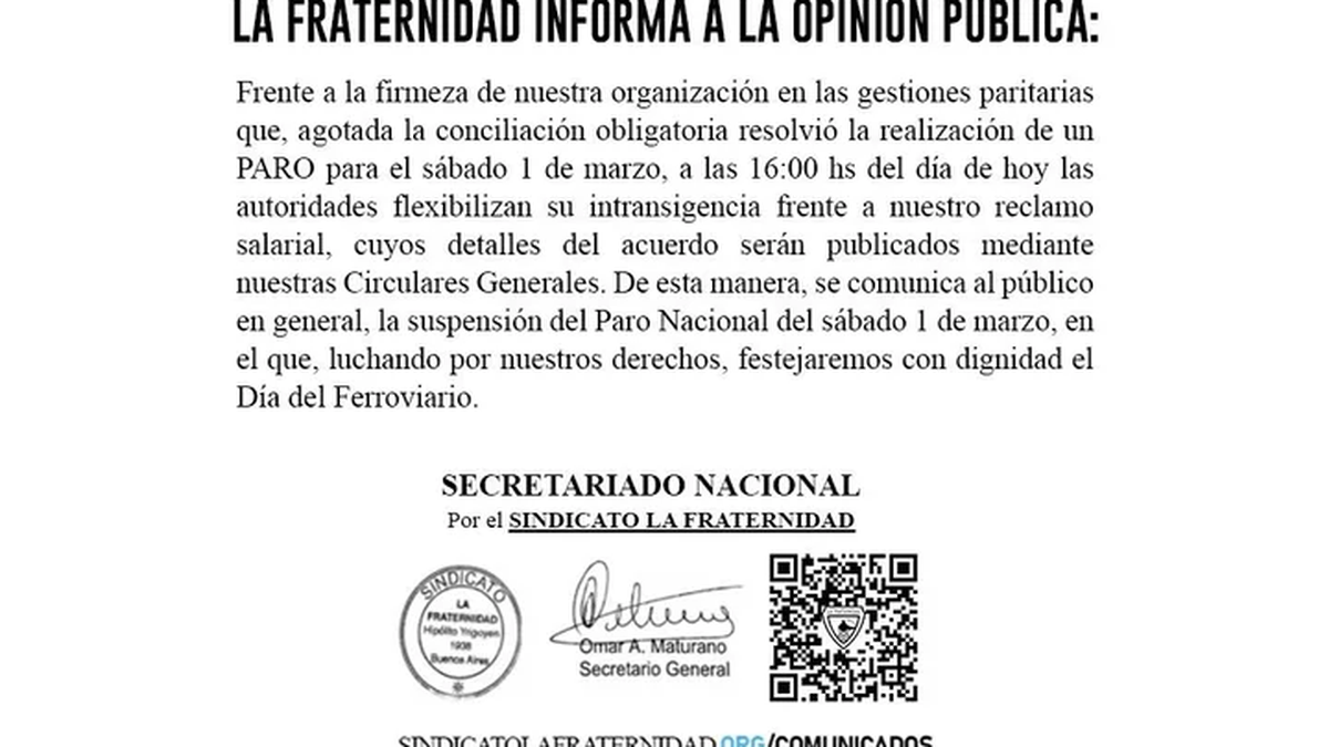 Hay trenes este sábado: la Fraternidad levantó la medida de fuerza por ...